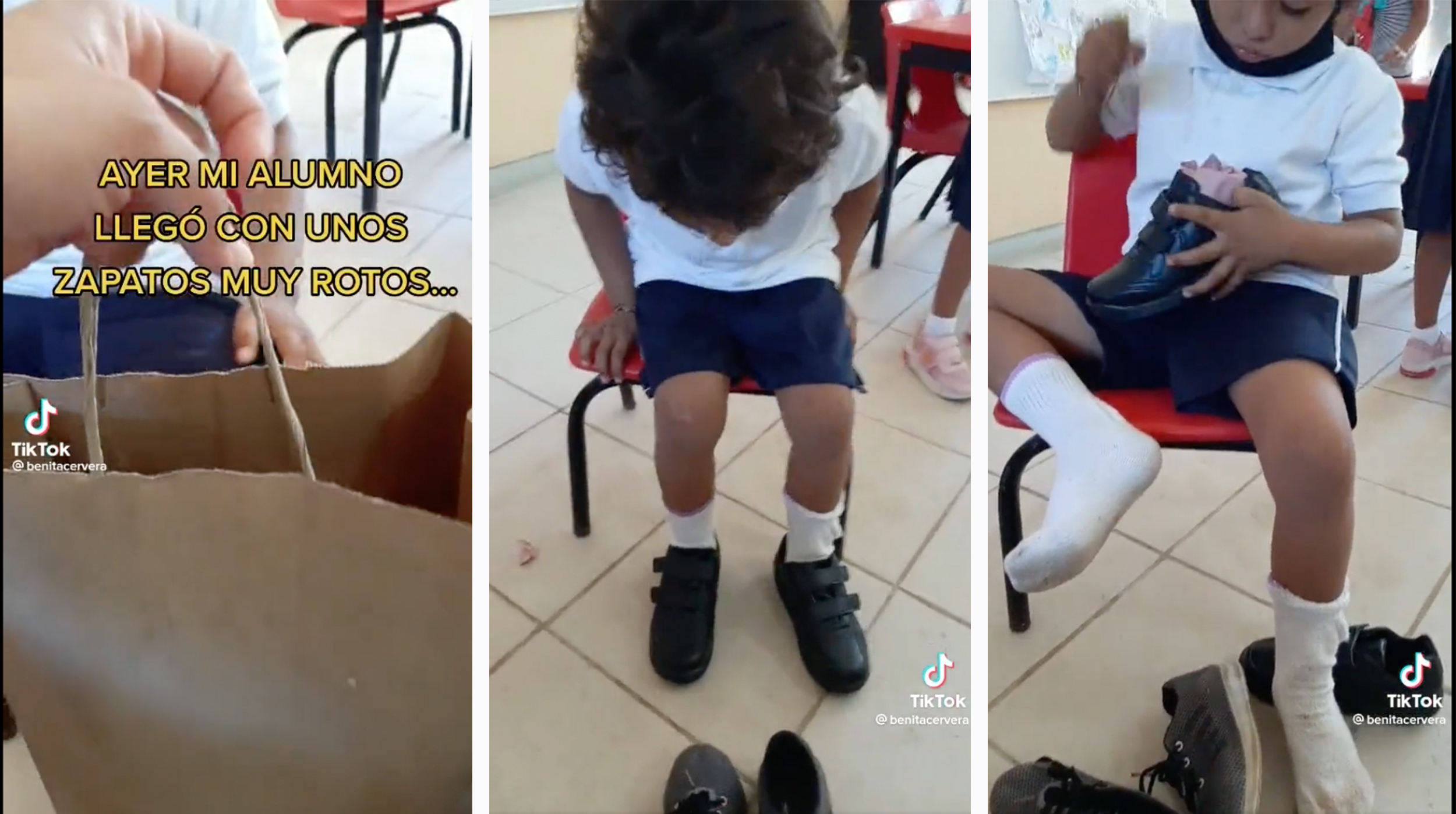 Maestra conmueve al regalarle unos zapatos nuevos a su alumno
